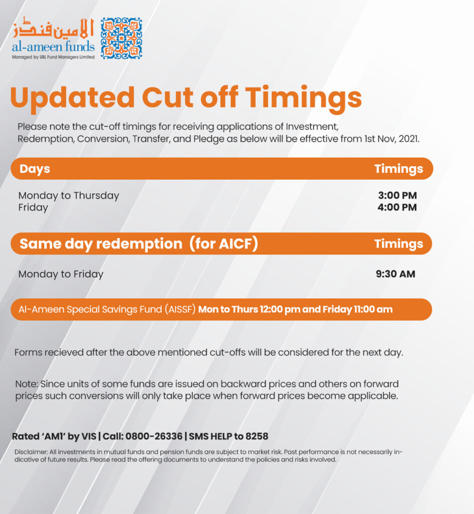 Revised cut-off timings Nov 01, 2021 - Al-Ameen Funds